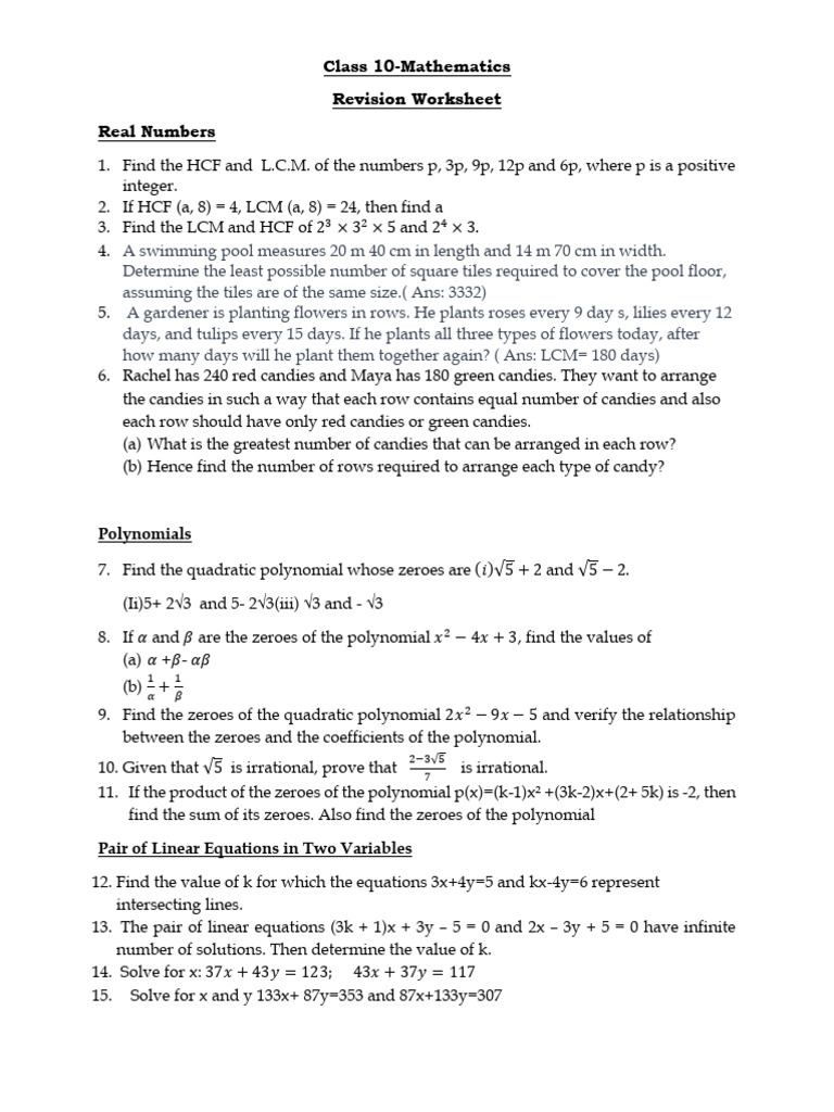 Day 1-Pre Board Revision Worksheet | PDF | Equations | Polynomial