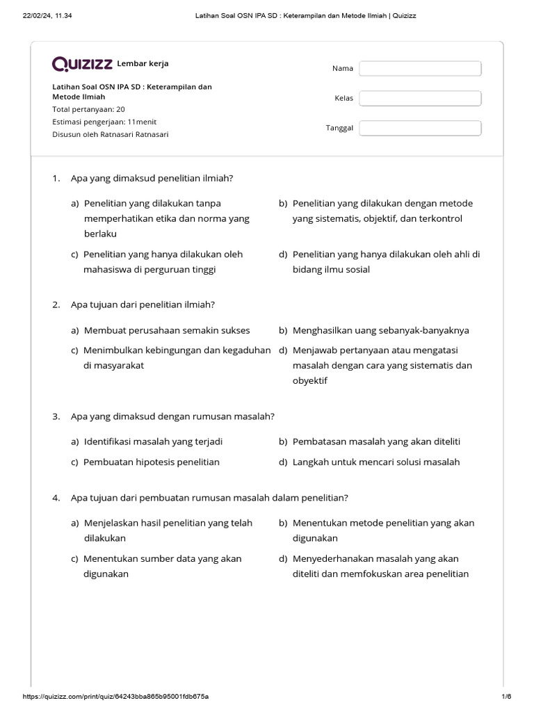 Latihan Soal OSN IPA SD - Keterampilan Dan Metode Ilmiah - Quizizz | PDF
