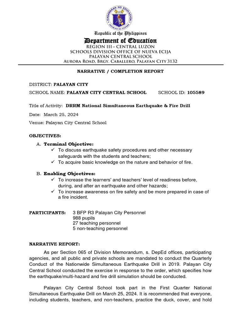 DRRM Nsed Report Pccs | PDF | Teachers | Emergency Management