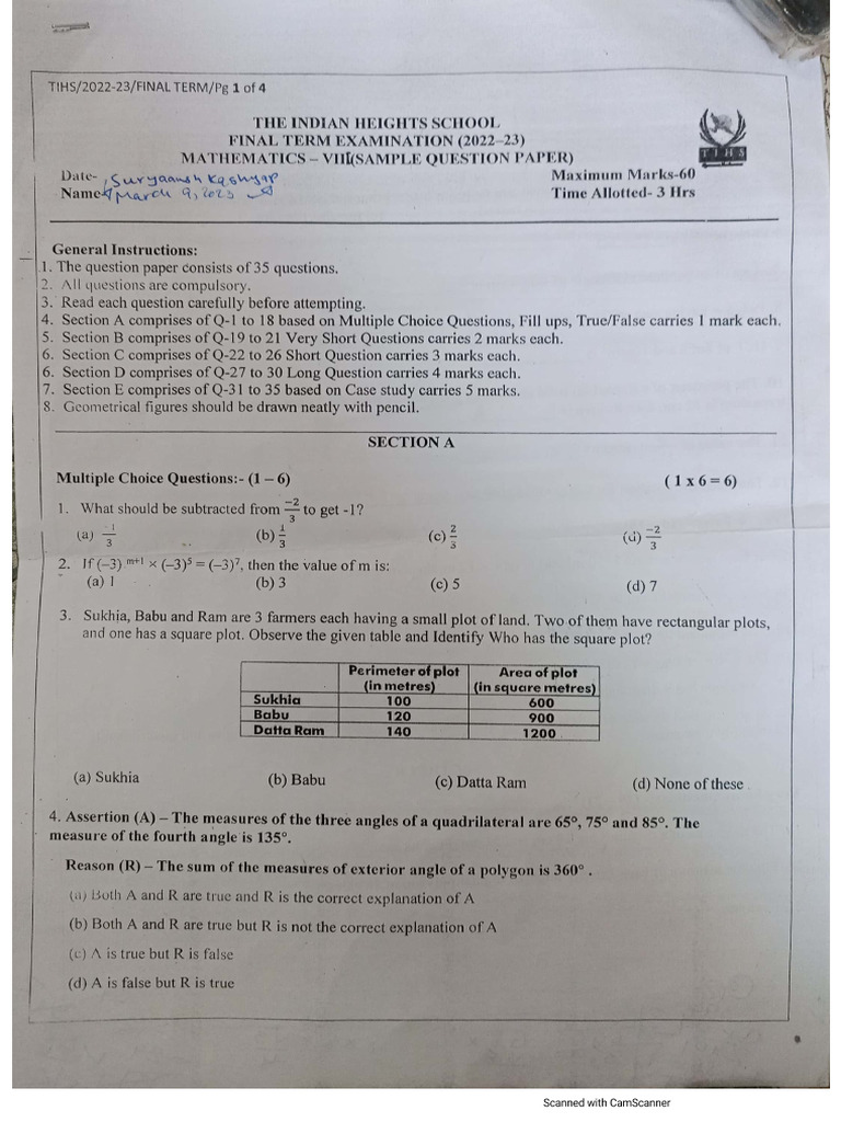 TIHS Maths sample paper 8th class- Mar 2023 | PDF
