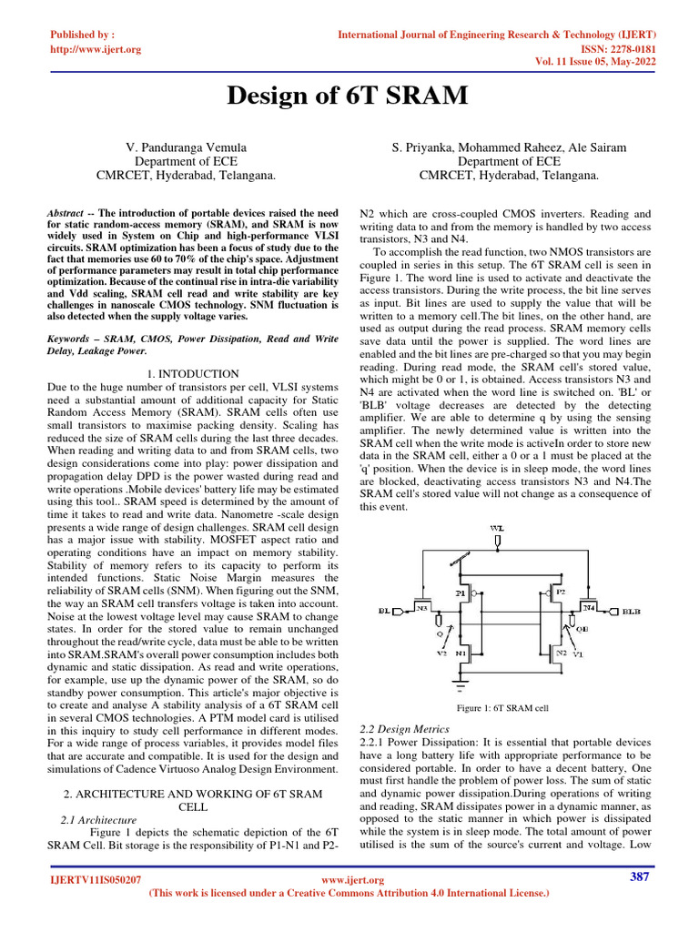 Design of 6t Sram IJERTV11IS050207 | PDF | Cmos | Computer Memory