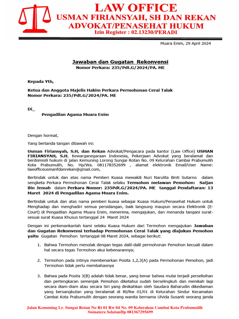 Jawaban Dan Rekonvensi | PDF | Hukum