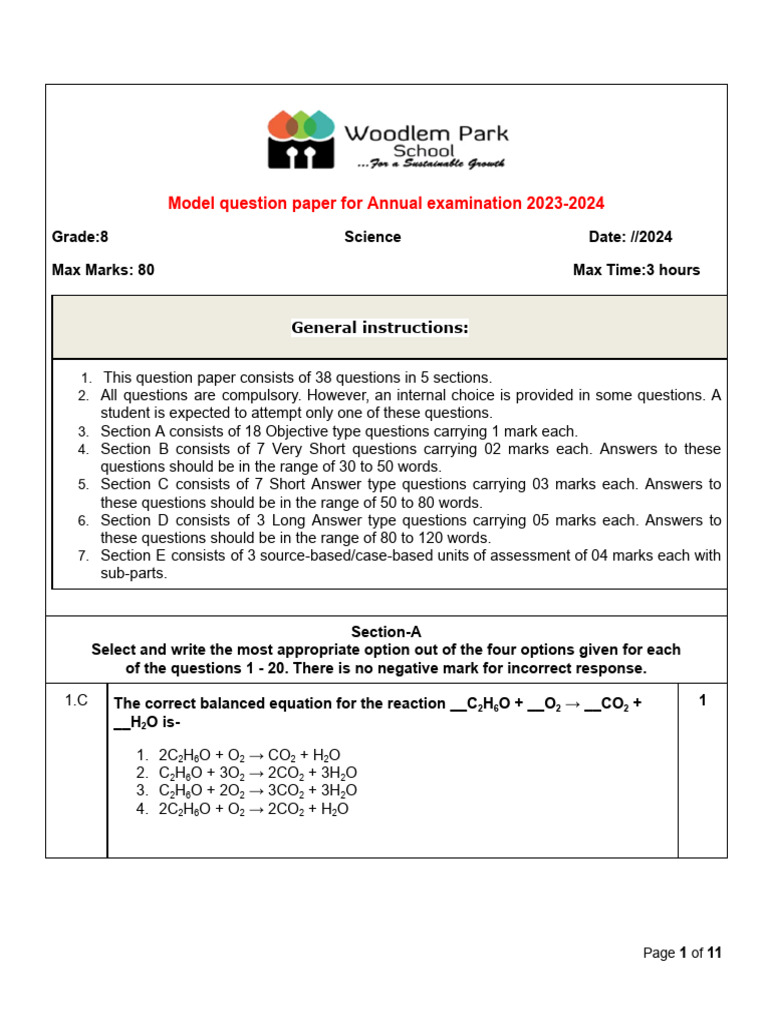 Science Model Question Paper-G-8 2024 | PDF | Force | Kerosene