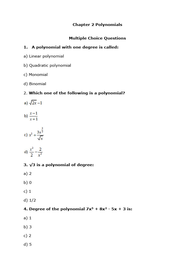 Multiple Choice Questions Based On CH 2 POLYNOMIAL | PDF | Teaching ...