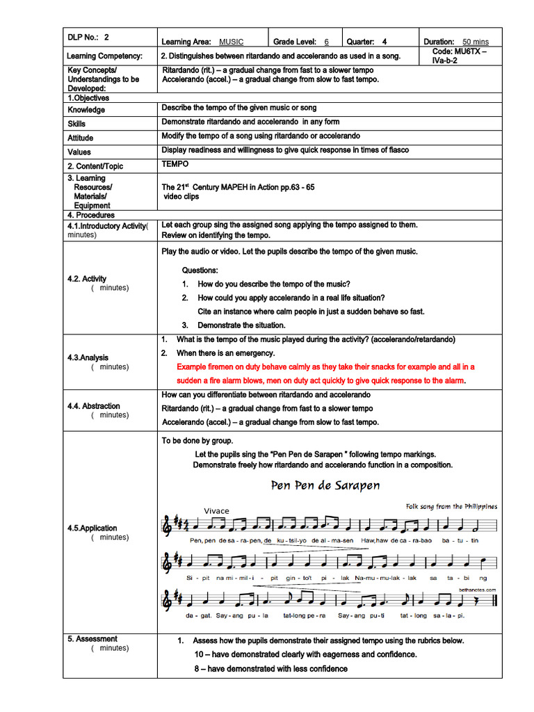 DLP No. 2 Distinguishing Between Ritardando and Accelrando | PDF ...