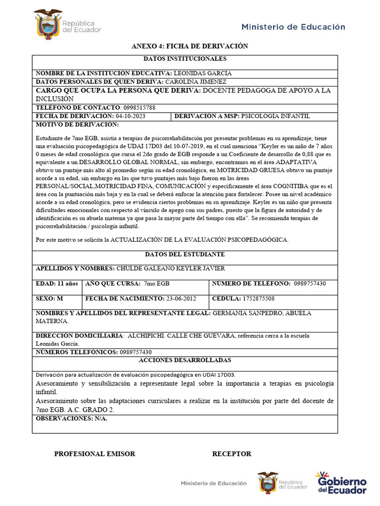 Anexo 4 Ficha de Derivacion Externa Keyler Chulde 04-10-2023 1 | PDF ...
