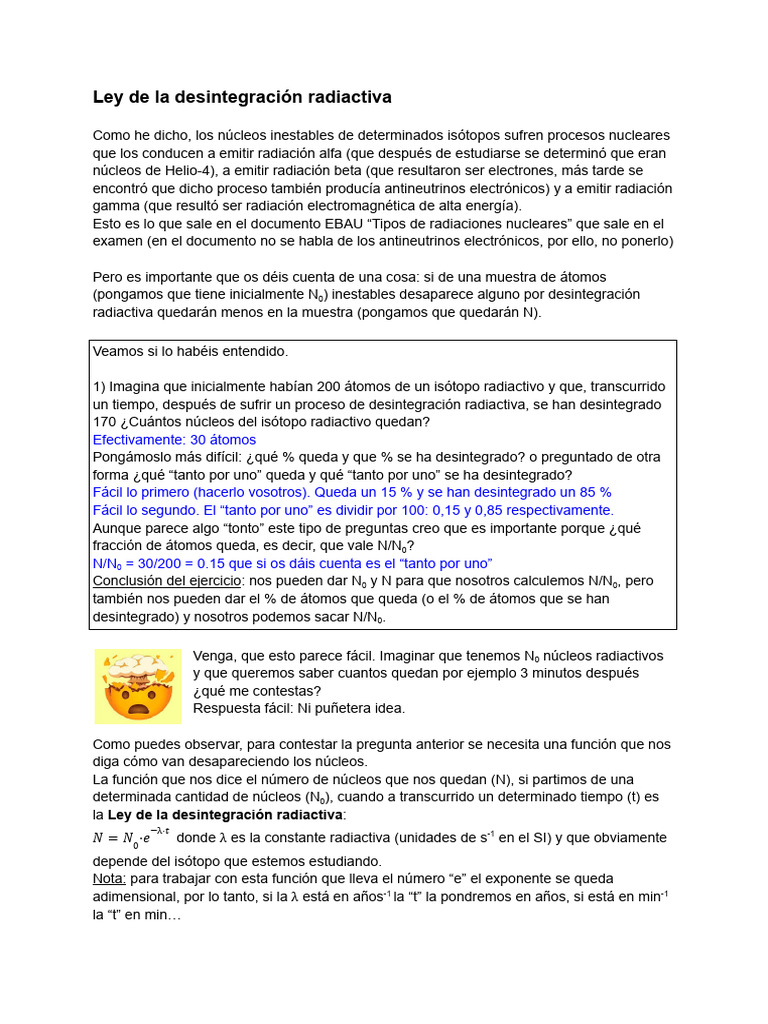 Ley de La Desintegración Radiactiva. Resumen para Examen | PDF | Desintegración radioactiva ...