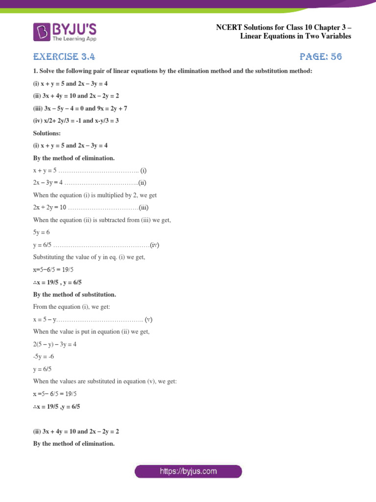 NCERT Solutions For Class 10 Chapter 3 Linear Equations in Two Variables Exercise 3.4 | PDF ...