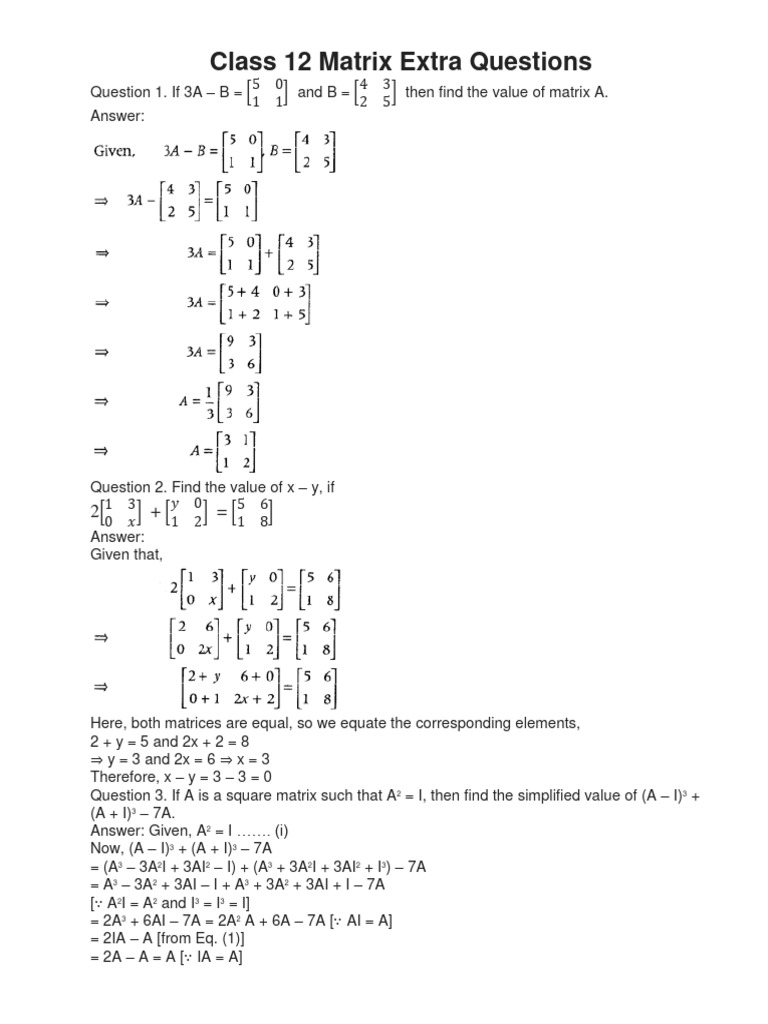 Class 12 Matrices Extra Questions CBSE | Download Free PDF | Matrix (Mathematics) | Mathematical ...