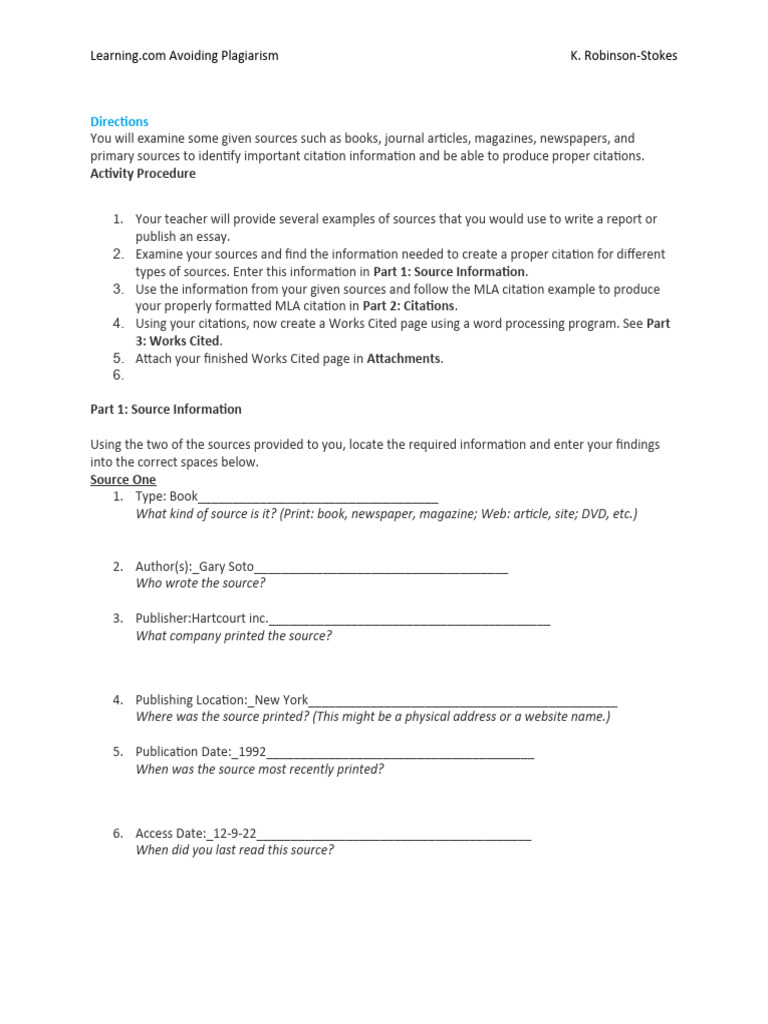 Avoiding Plagiarism Student Worksheet | PDF | Citation | Newspapers