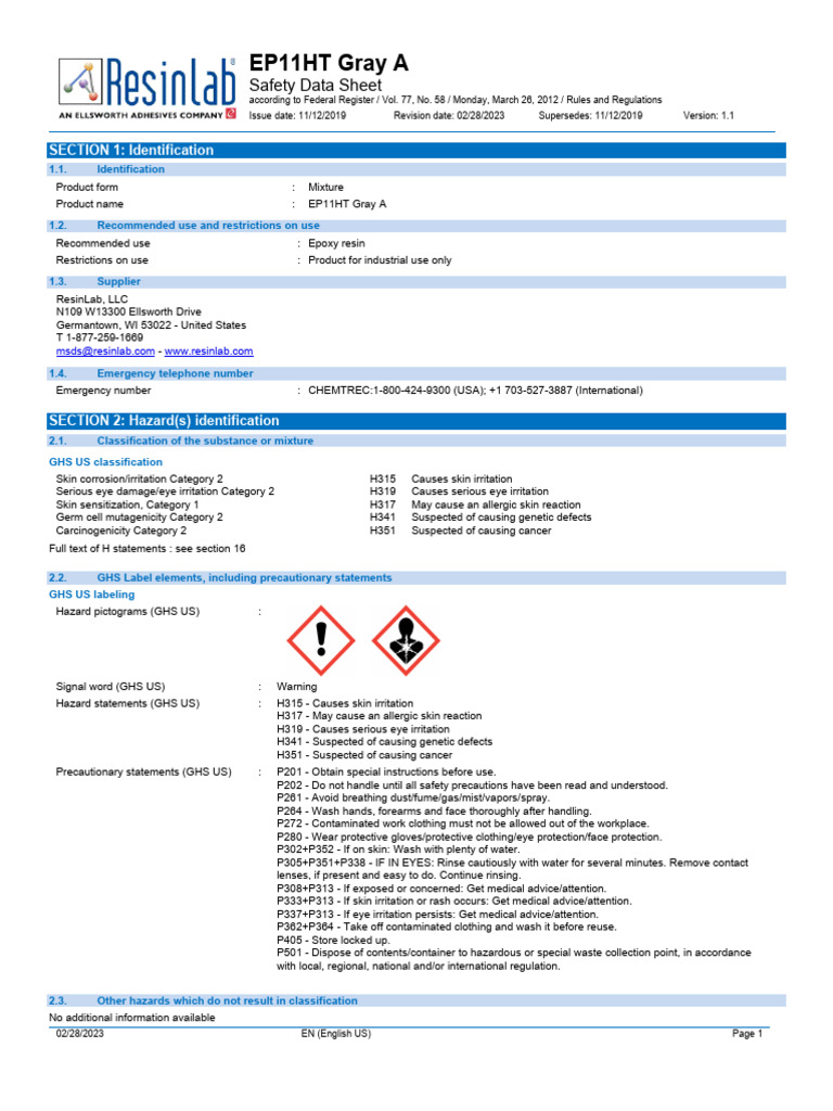 EP11HTGrayA 2 Part Epoxy Resin SDS | PDF | Toxicity | Chemistry