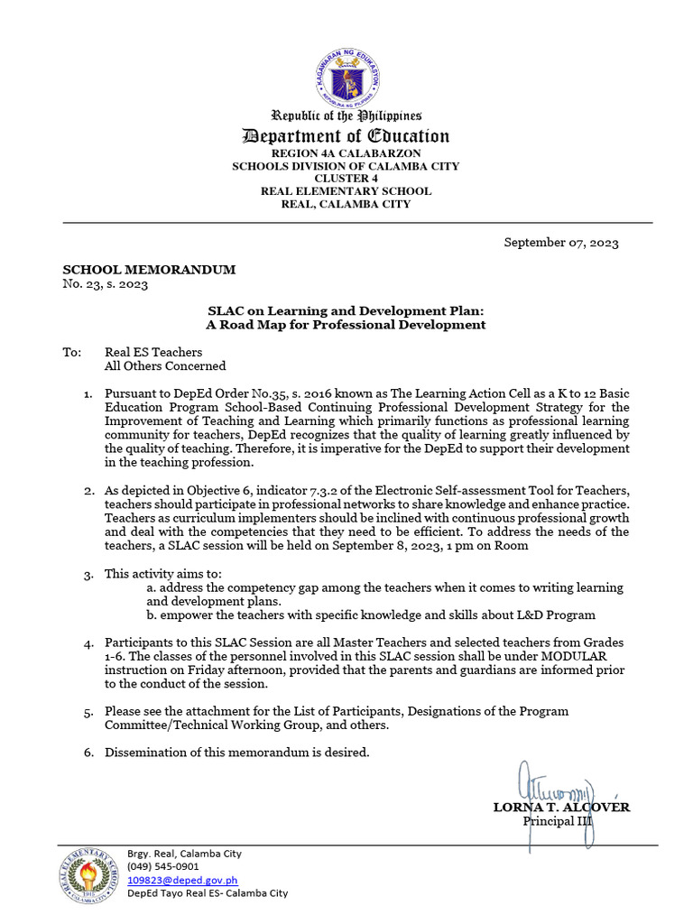School Memorandum No. 23 S. 2023 SLAC ON LD PLAN | PDF | Teachers | Learning