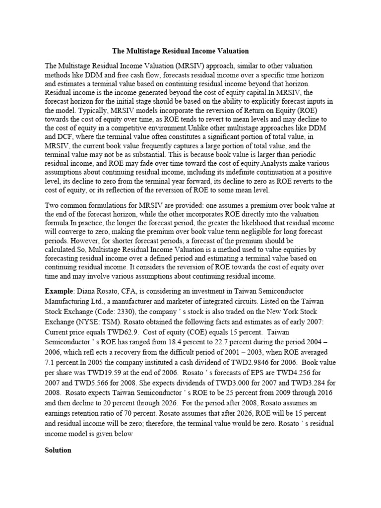 The Multistage Residual Income Valuation | PDF | Discounted Cash Flow | Valuation (Finance)