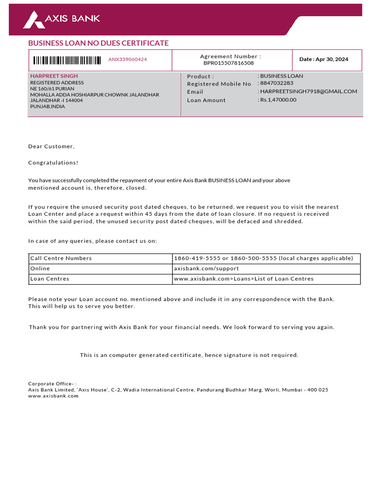 Axis Bank Business Loan Noc 2 | PDF