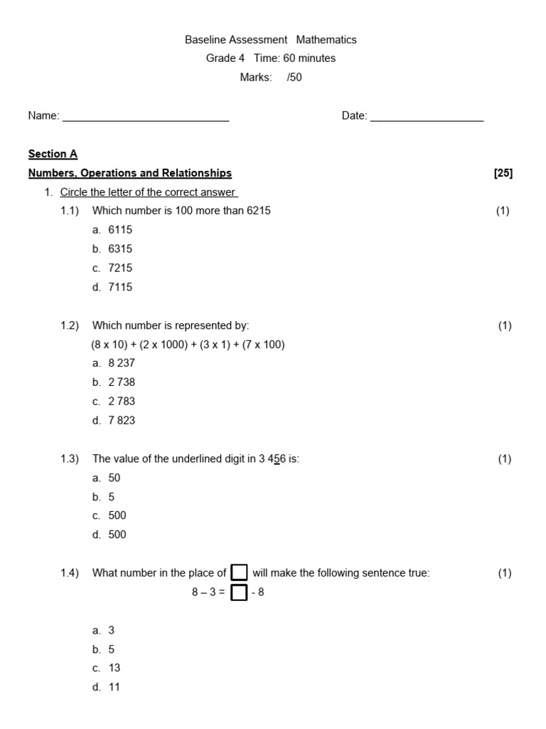 GR 4 Baseline Assessment 2017 | PDF | Mathematics