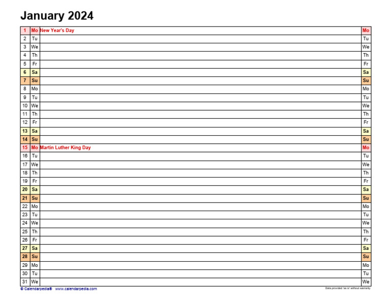 January 2024 Calendar Landscape Days Vertically | PDF