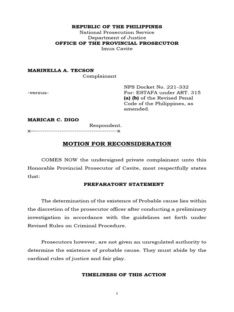 Motion For Reconsideration Tecson | PDF | Prosecutor | Complaint