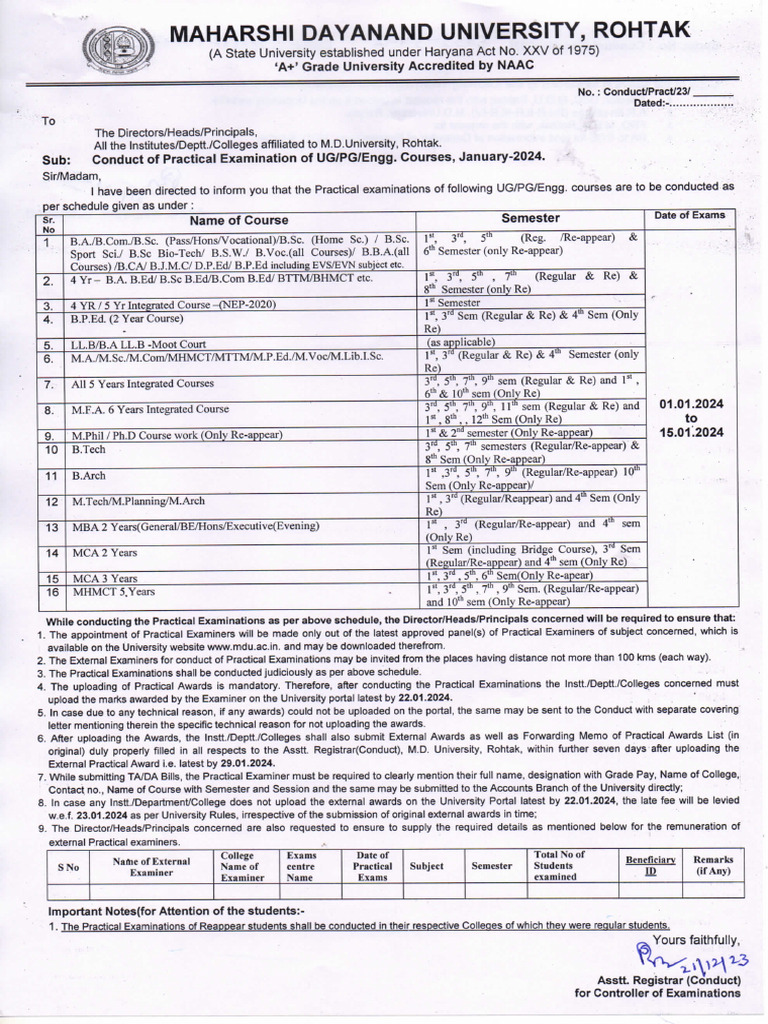 Practical Schedule For UG PG and Engg Courses 1 Jan 2024 To 15 Jan 2024 | PDF