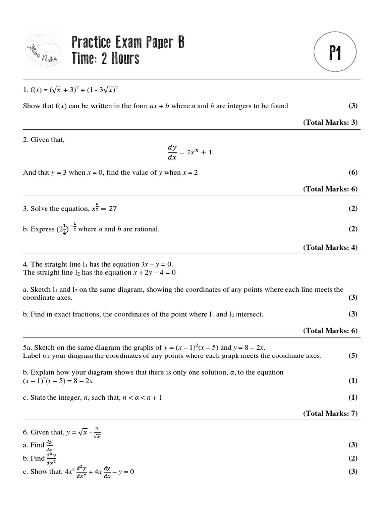 p1 Practice Exam Paper B 1.3 2 | PDF | Equations | Mathematical Analysis