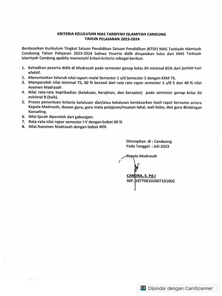 Standar Kelulusan Ma Tu Canduang 20232024 | PDF