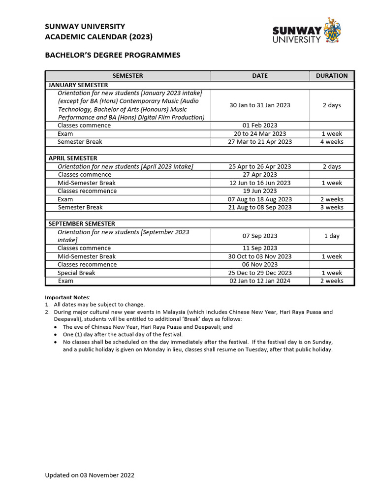 Sunway University 2023 Academic Calendar | PDF | Academic Term | Academia