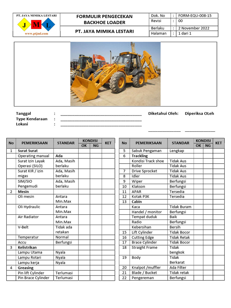 FRM-EQU-008-015 - Backhoe Loader | PDF