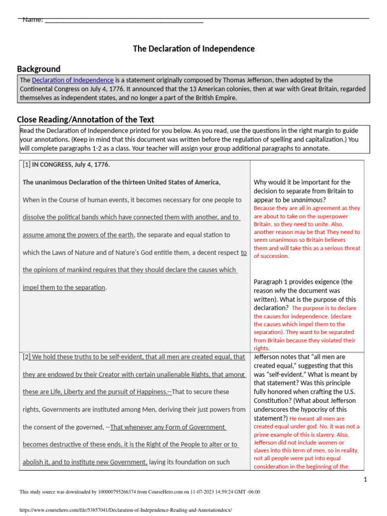 Declaration of Independence Reading and Annotation - Docx 2 | PDF ...