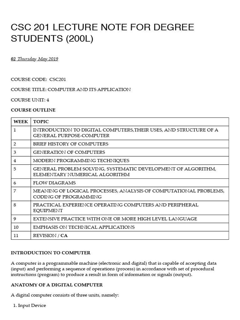 CSC 201 Lecture Note | PDF | Computer Data Storage | Byte