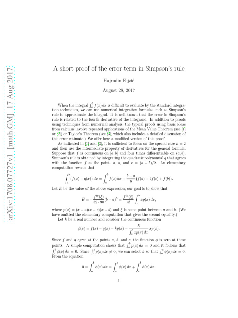 A Short Proof of The Error Term in Simpson's Rule: Hajrudin Fejzi C August 28, 2017 | PDF ...
