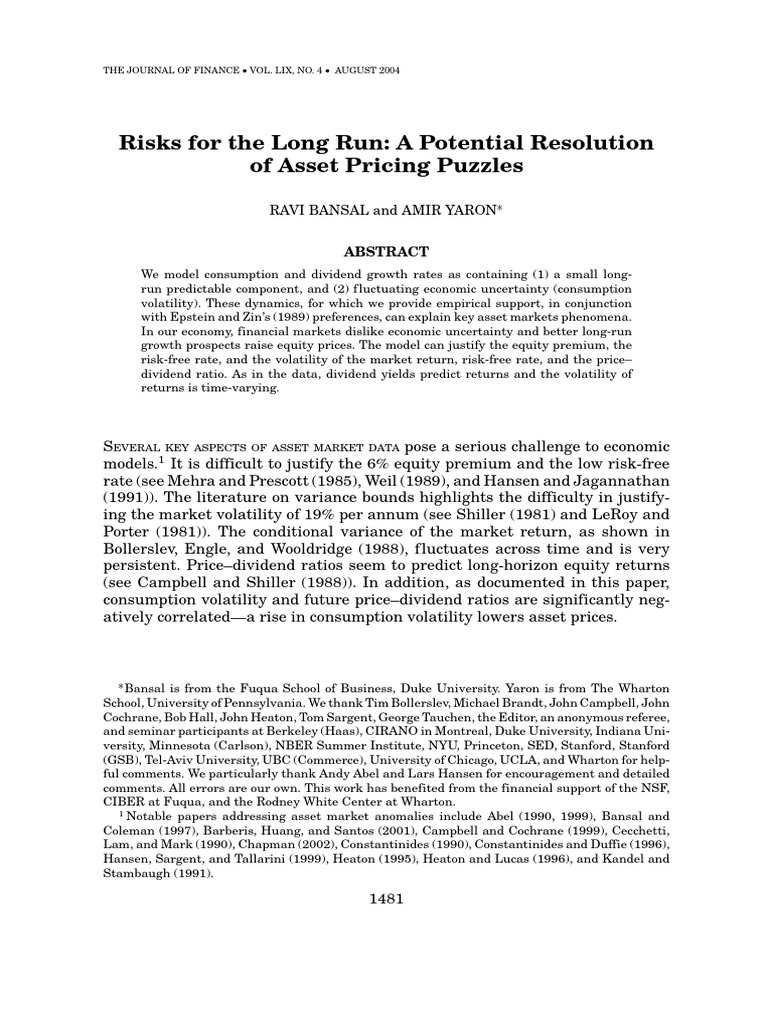 Long-Run Risks in Asset Pricing | PDF | Risk Premium | Volatility (Finance)