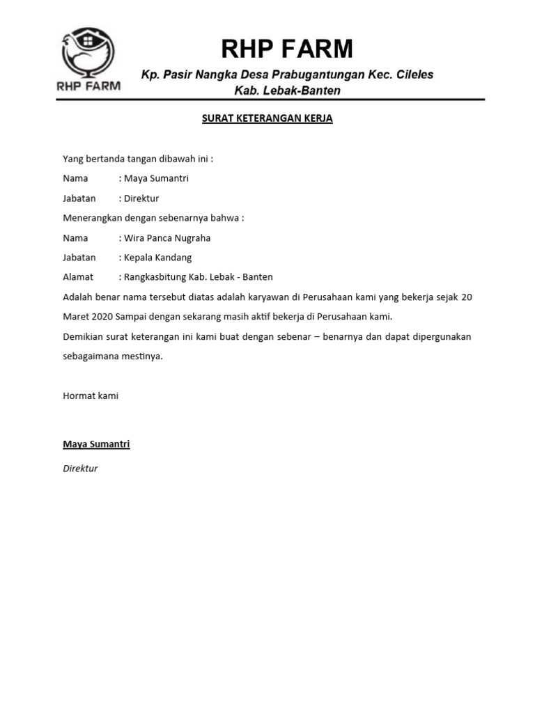 Surat Keterangan Kerja RHP Wira | PDF