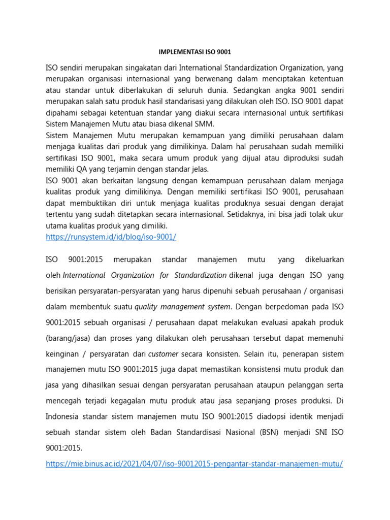 Implementasi Iso 9001 | PDF | Teknologi & Rekayasa