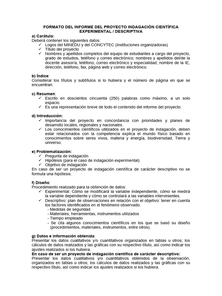 Formato Del Informe Del Proyecto Indagación Científica Experimental | PDF | Investigación ...