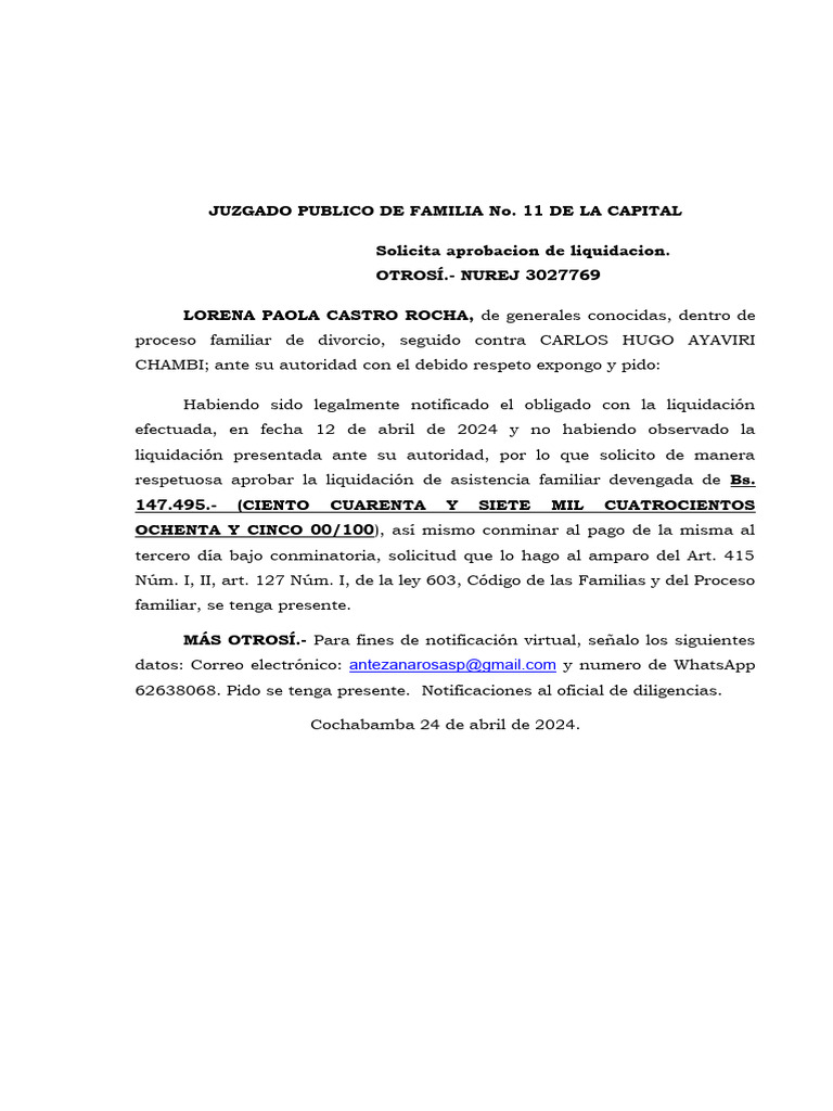 MEMORIAL SOLICITA APROBACION DE LIQUIDACION LORENA PAOLA CASTRO | PDF