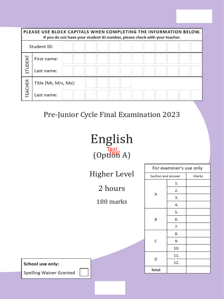 Pre-Junior Cycle English Exam 2023 | PDF | Poetry