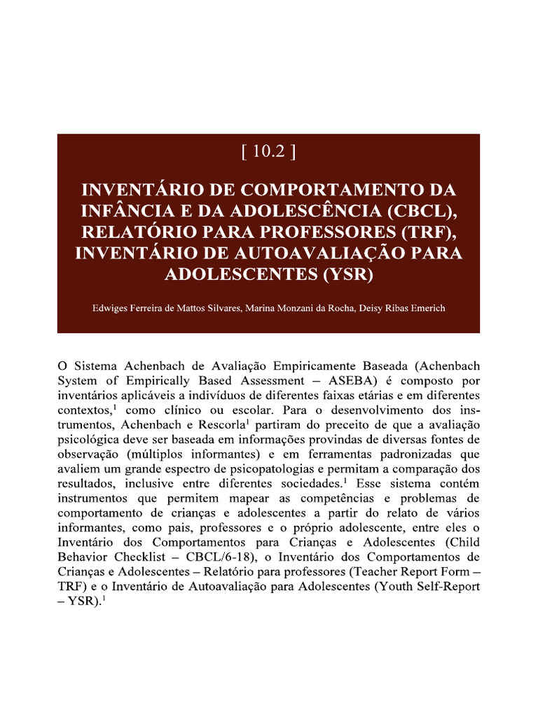 ASEBA - Capítulo Do Livro Avaliação em Saúde Mental - CBCL, TRF e YSR | PDF