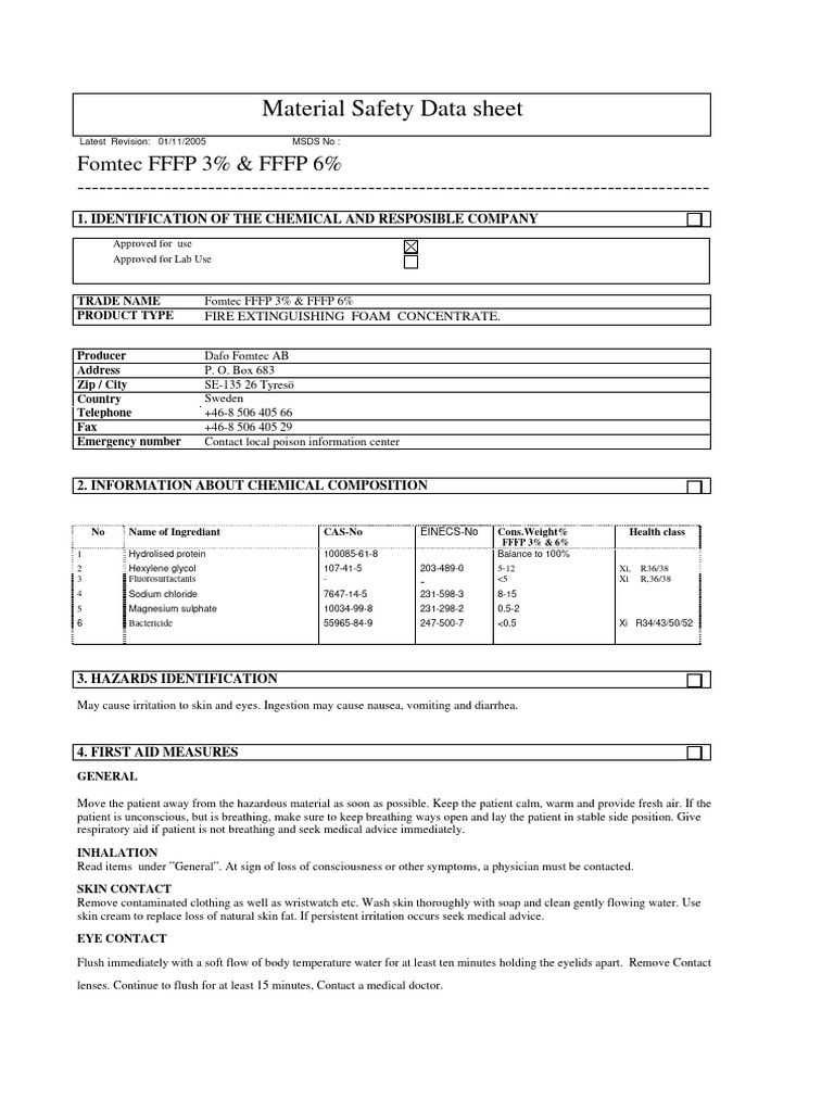 Fomtec FFFP Fire Foam MSDS Guide | PDF | Pollution | Occupational ...