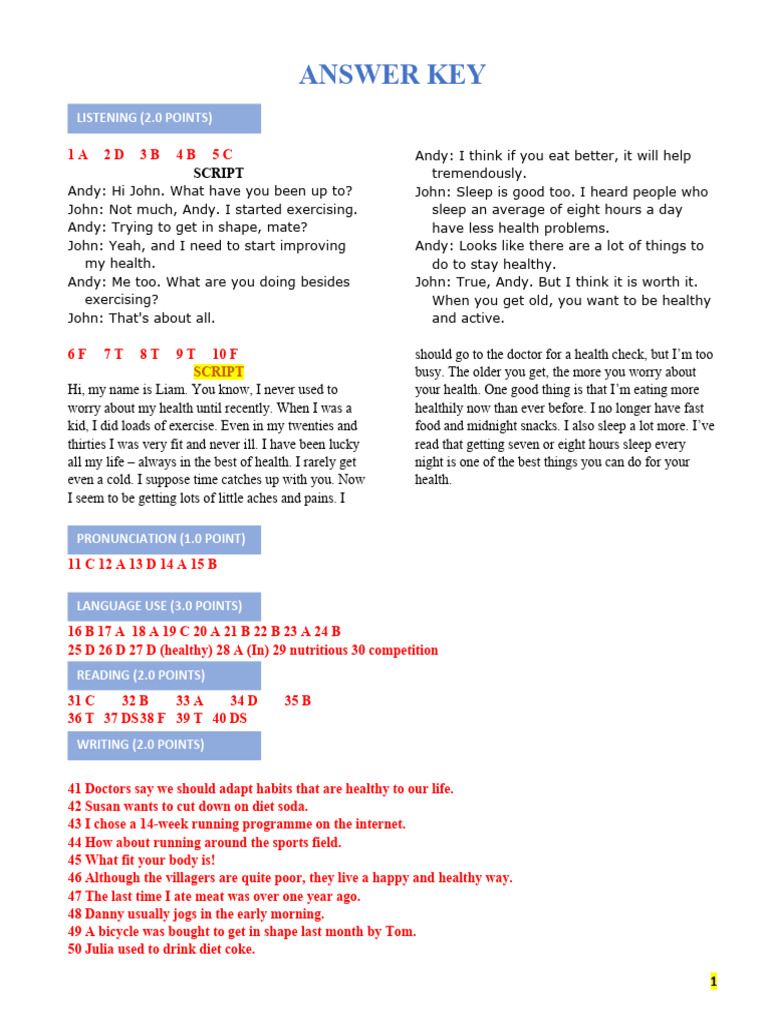 Test 1 - U7 Healthy Lifestyle Answer Key | PDF