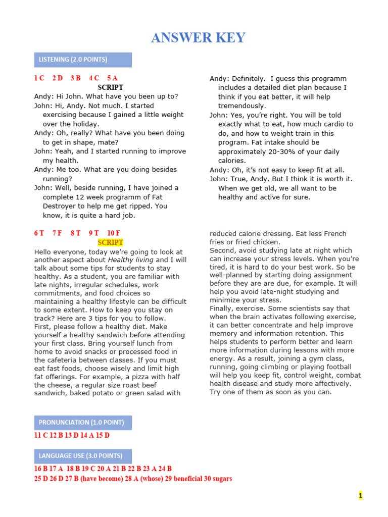 Test 1 - U7-2 Healthy Lifestyle Answer Key | PDF | Dieting ...