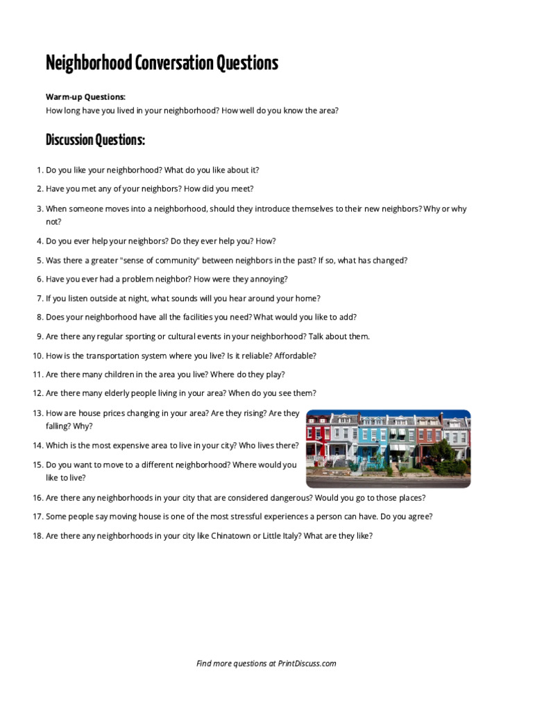 Neighborhood Conversation Starters | PDF | Politics | Games & Activities