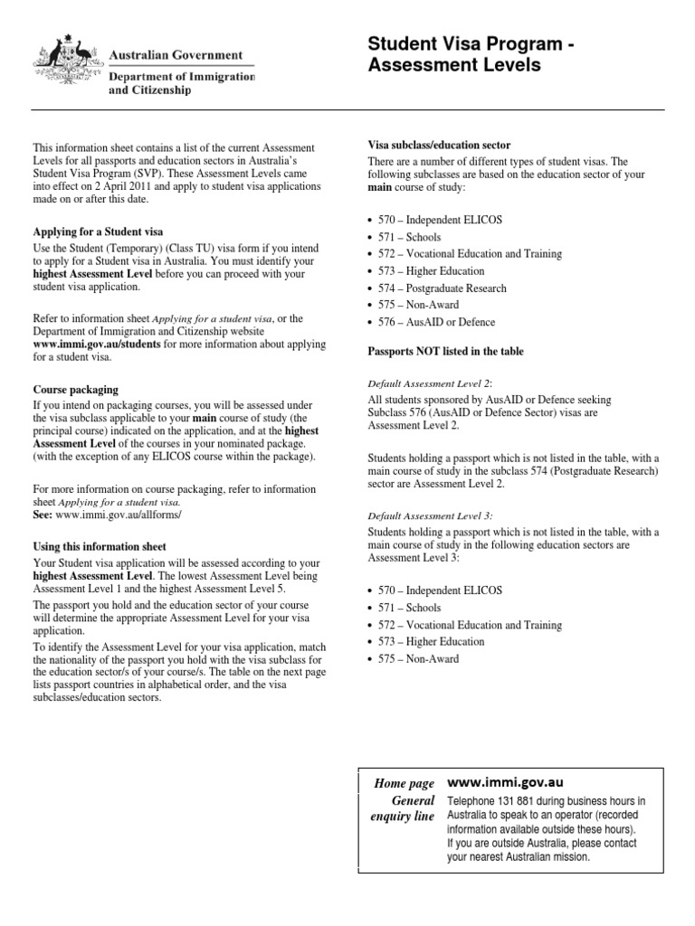 Student Visa Program - Assessment Levels: WWW - Immi.gov - Au | PDF