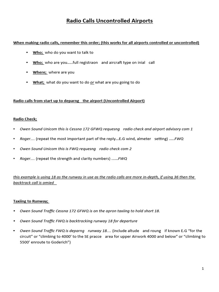 Radio Calls Uncontrolled Airports | PDF | Airport | Aviation
