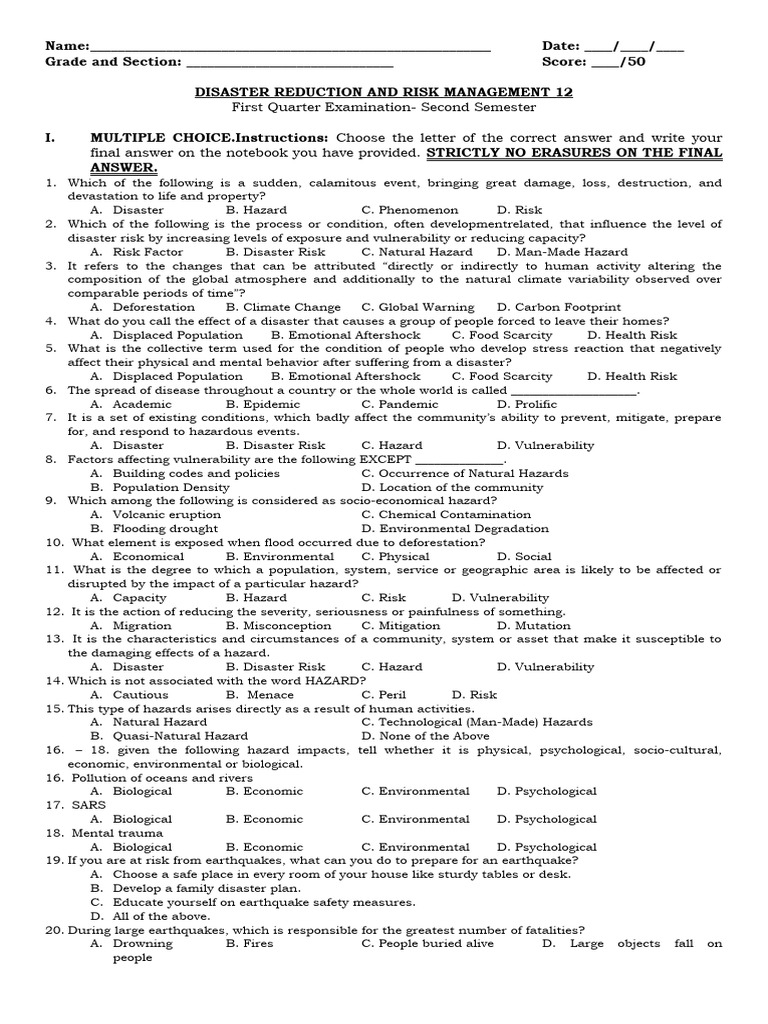 First Quarter Examination-Second Semester | PDF | Hazards | Natural ...