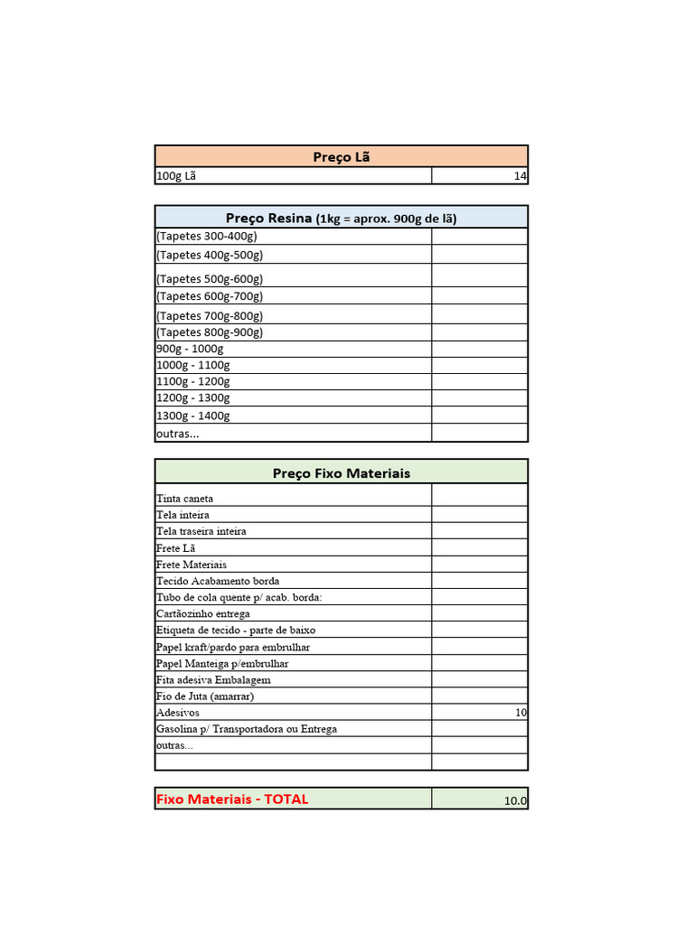 Precificação Tapete - Cálculo Excel | PDF