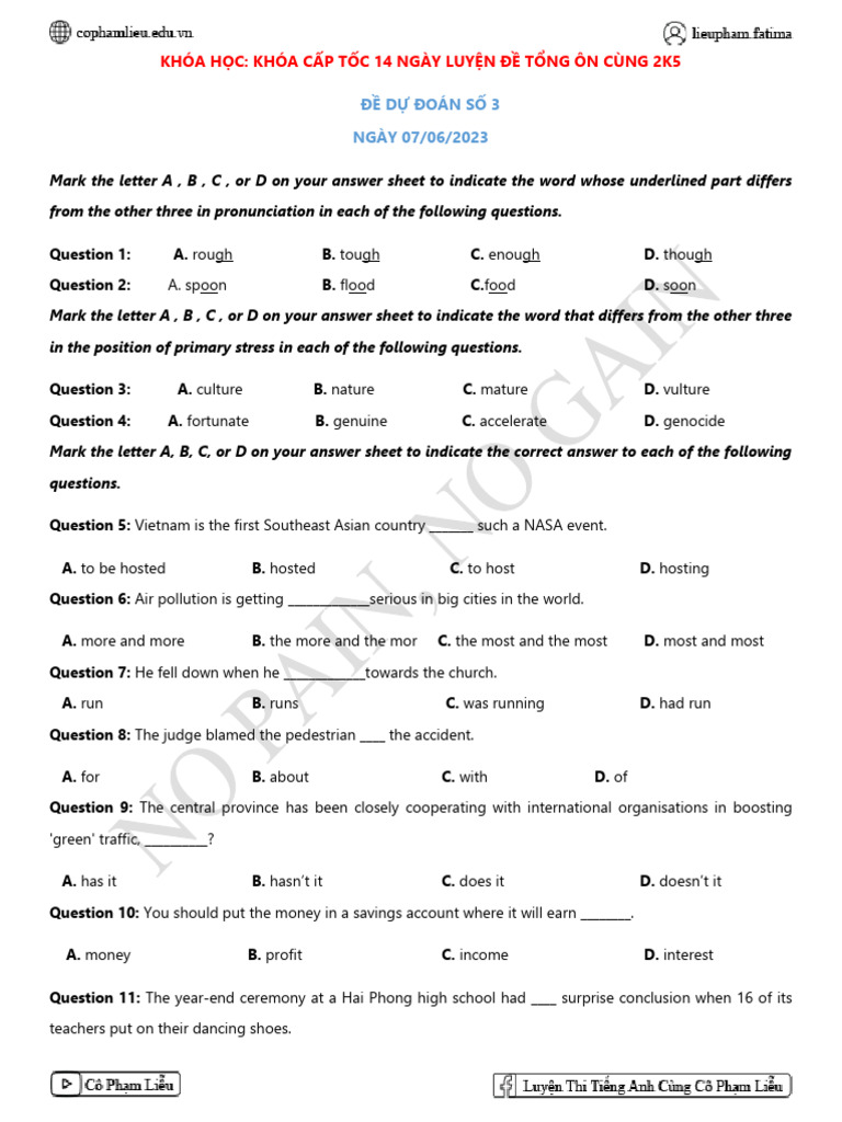 ĐỀ DỰ ĐOÁN SỐ 3-NGÀY 07062023-KHÓA CẤP TỐC 2K5 BIÊN SOẠN CÔ PHẠM LIỄU ...