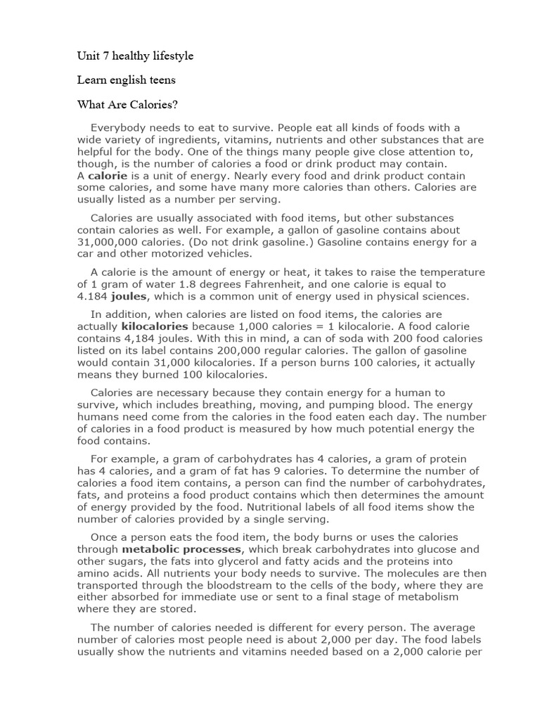 Unit 7 Healthy Lifestyle Thao | PDF | Calorie | Metabolism