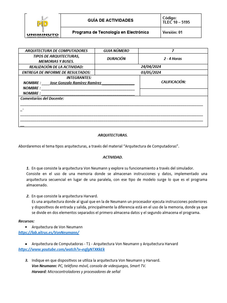 Actividad. Arquitecturas - Memorias y Buses. | PDF | Almacenamiento de datos de la computadora ...