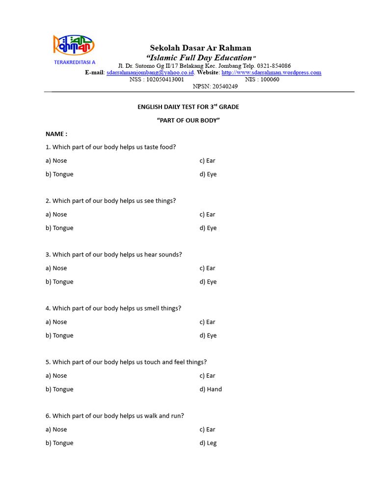 ENGLISH DAILY TEST FOR 3rd GRADE Part of Our Body | PDF | Human Anatomy ...