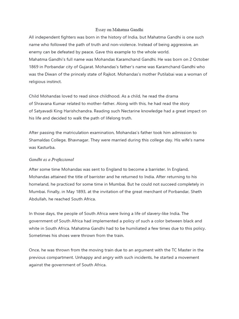 Essay On Mahatma Gandhi in English | PDF | Mahatma Gandhi | British Raj