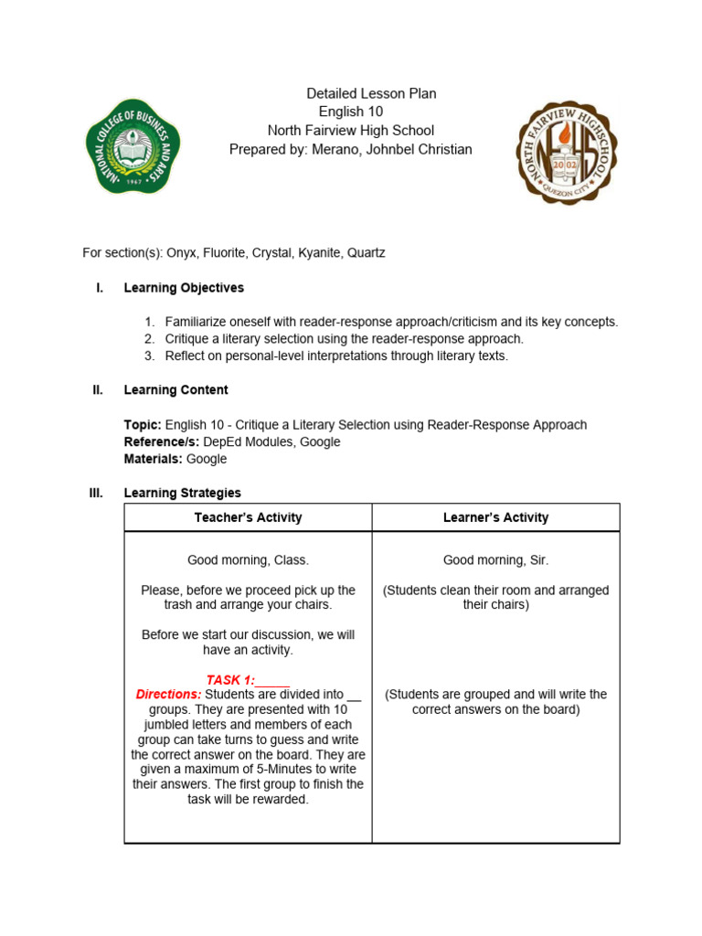 Reader-Response Literary Critique Plan | PDF | Lesson Plan | Learning